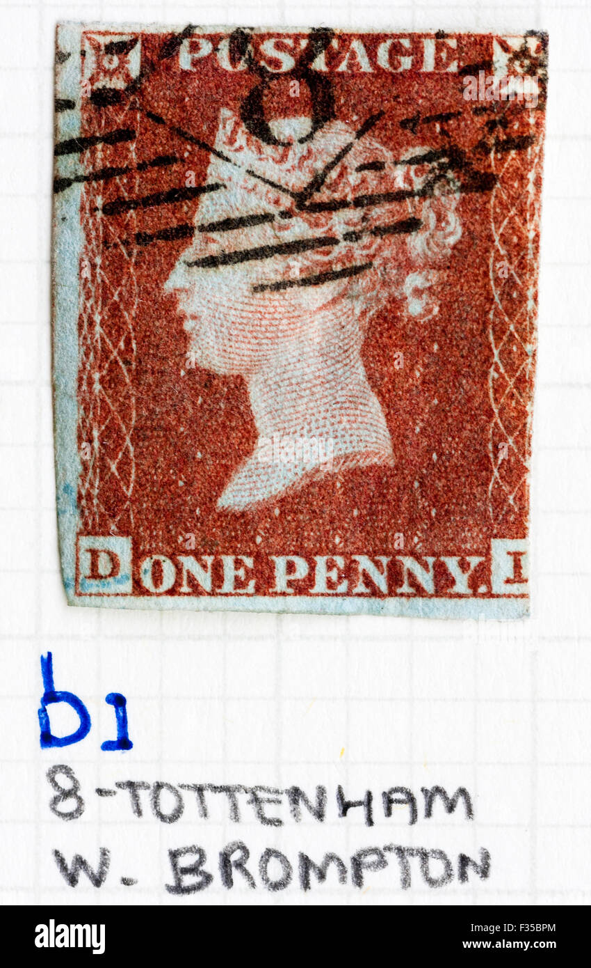 Victorian British stamp, Penny Red, franked with number 8, with written ...