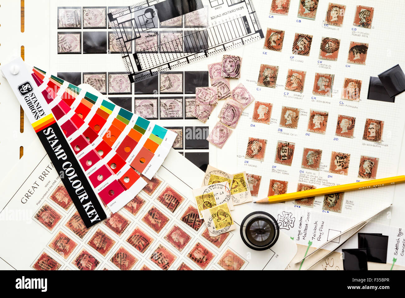 Philately, stamp collecting. Album sheets of Victorian Penny Red stamps ...