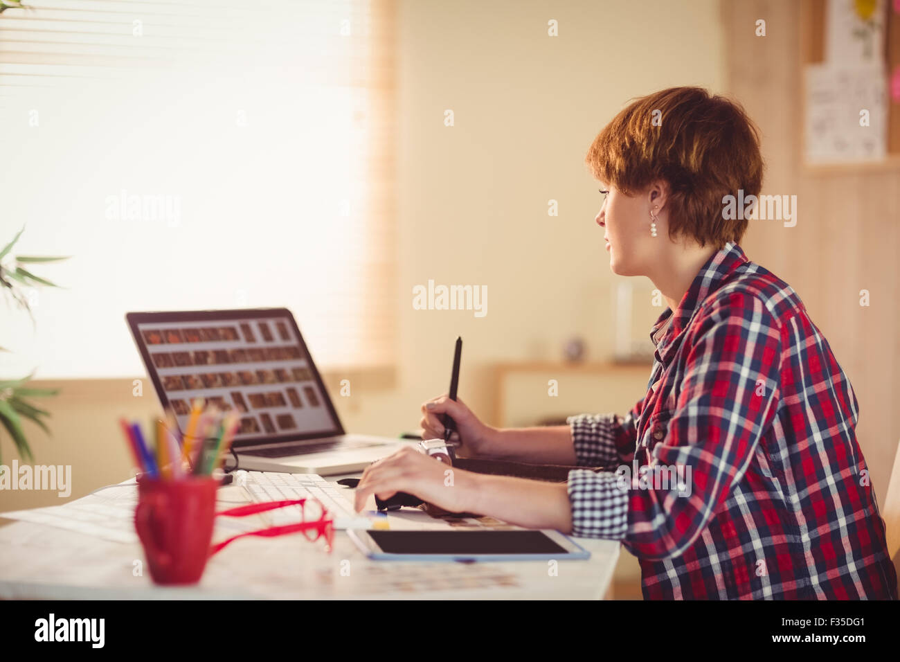 Focused photographer looking pics on her computer Stock Photo - Alamy