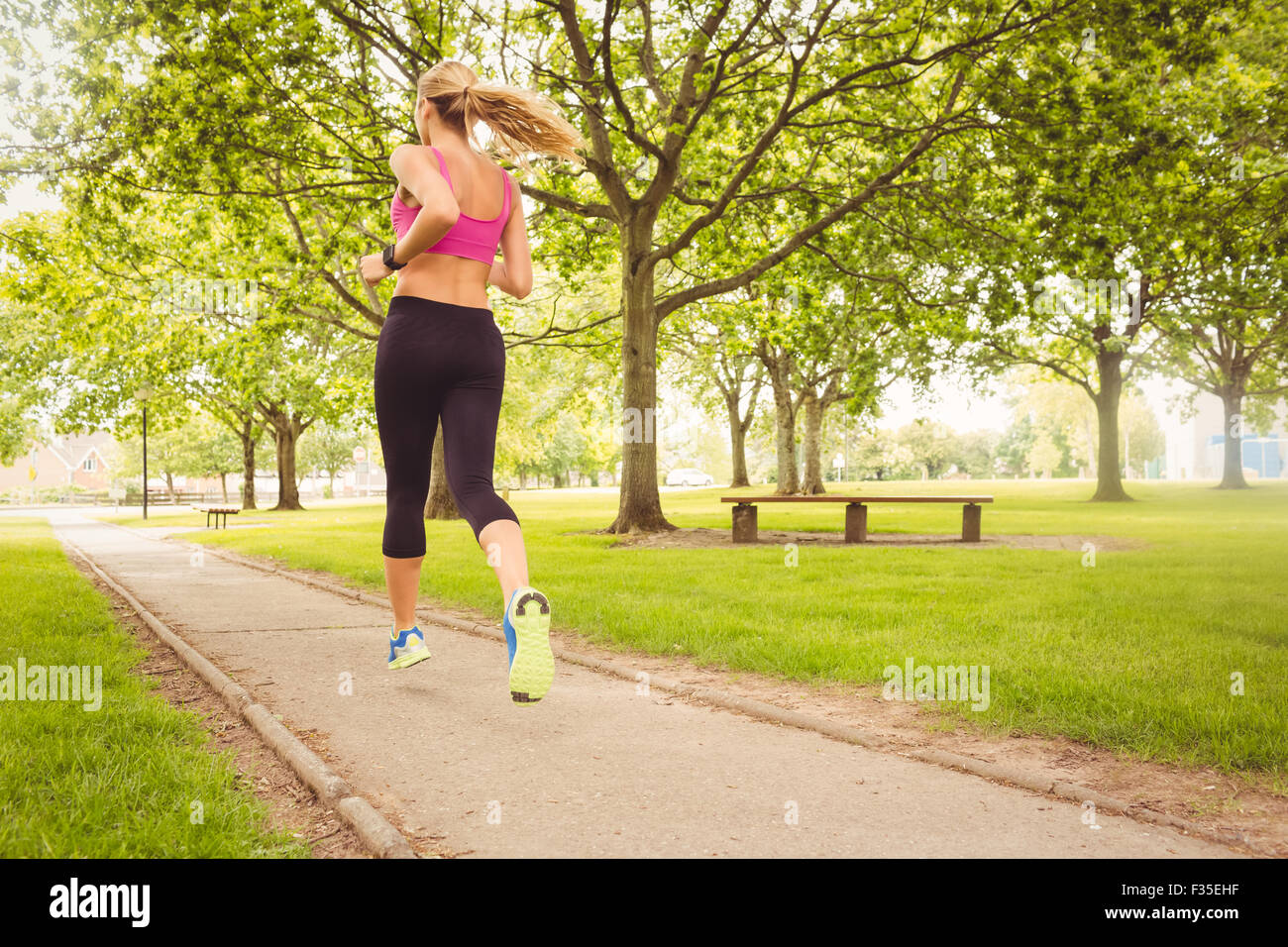 Rear view of woman running in park Stock Photo - Alamy