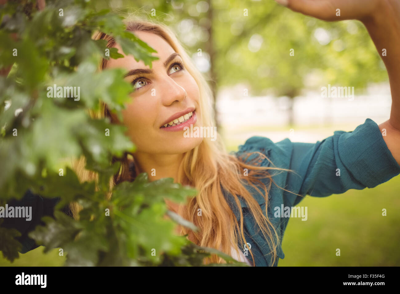 Happy woman standing by tree at park Stock Photo - Alamy