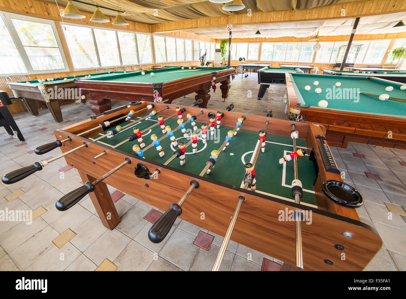 Table football play hall recreation equpment field Stock Photo - Alamy