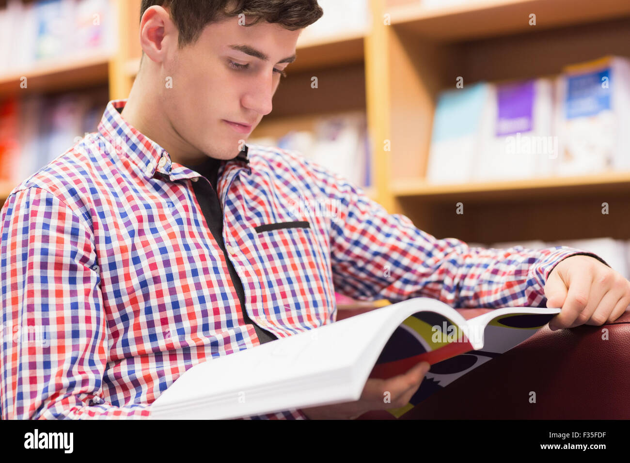 Serious man reading book in library Stock Photo - Alamy