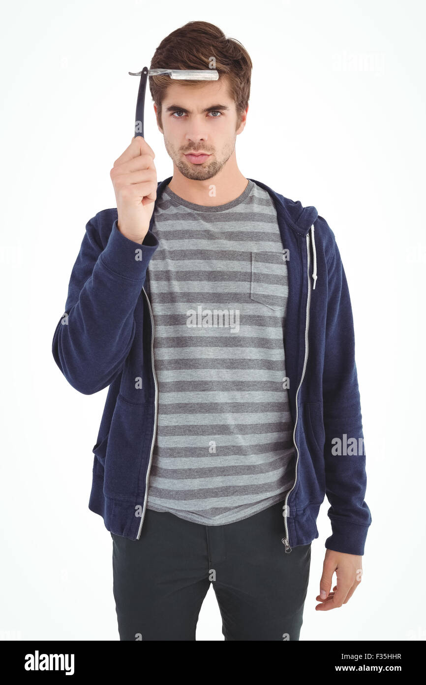 Portrait of man with straight edge razor Stock Photo - Alamy