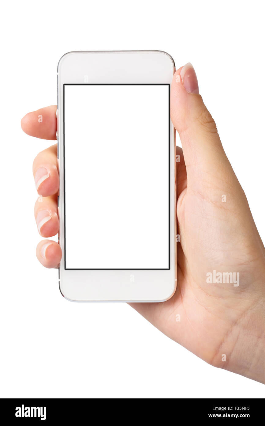 Hand Holding Blank Screen Smartphone on White Background Stock Photo ...