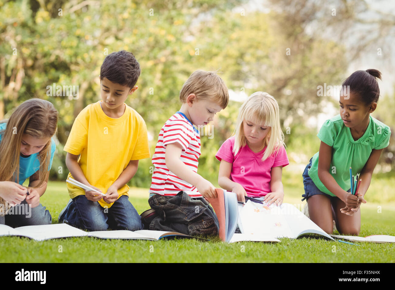 Classmates sitting in grass and reading books Stock Photo - Alamy