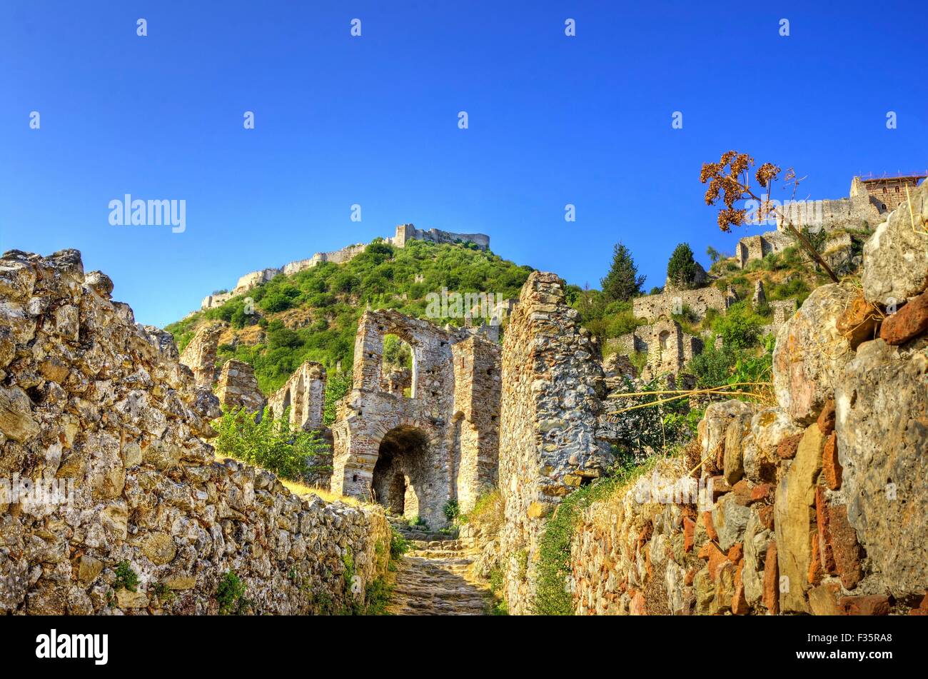 The historical site of Mystras, a Byzantine castle in Greece Stock ...