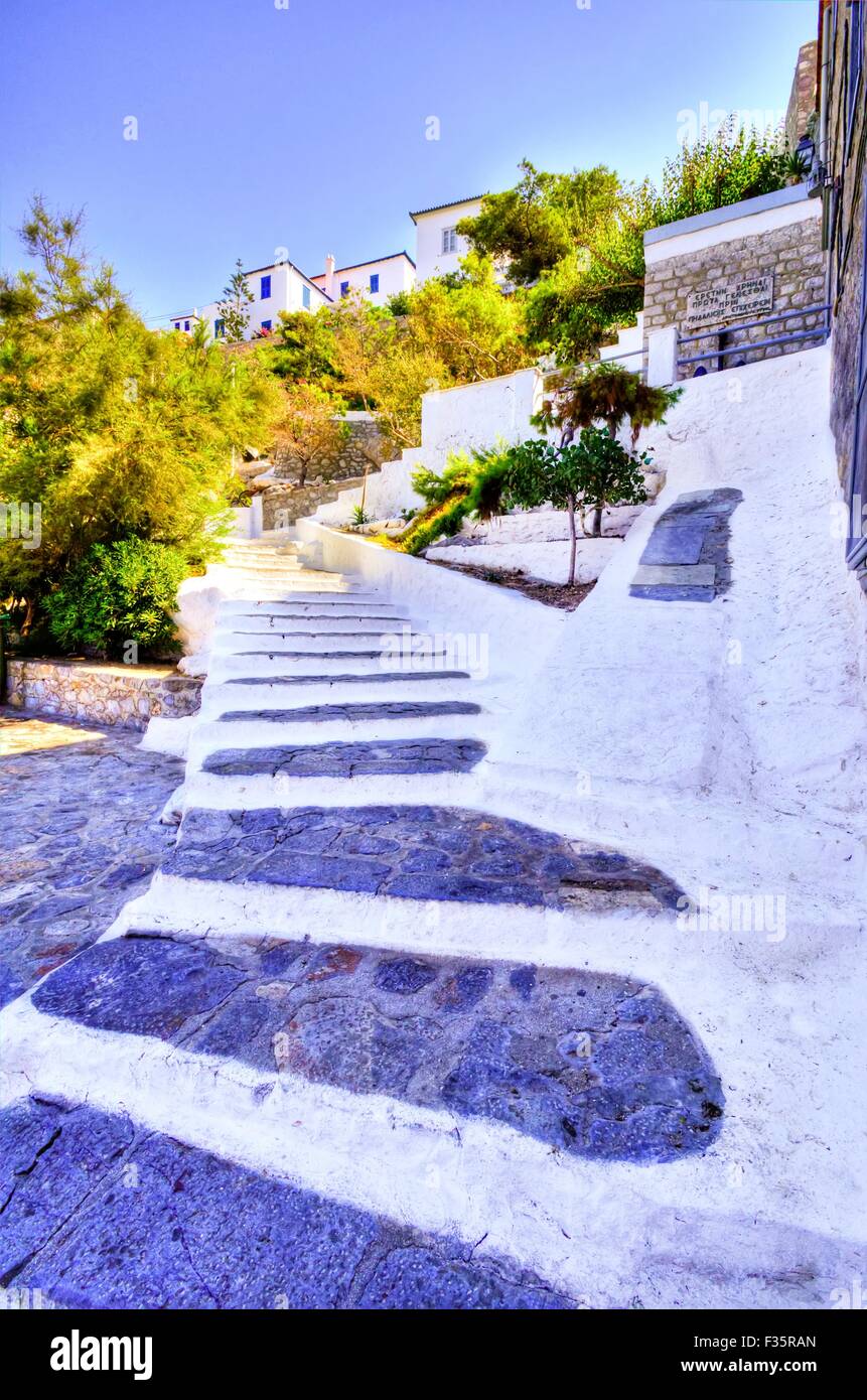 Stairs leading to a house at the beautiful Greek Island, Hydra in the ...