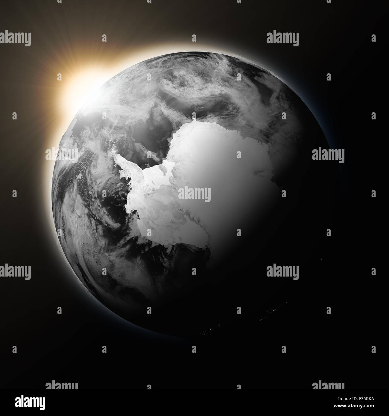 Sun over Antarctica on dark planet Earth isolated on black background ...