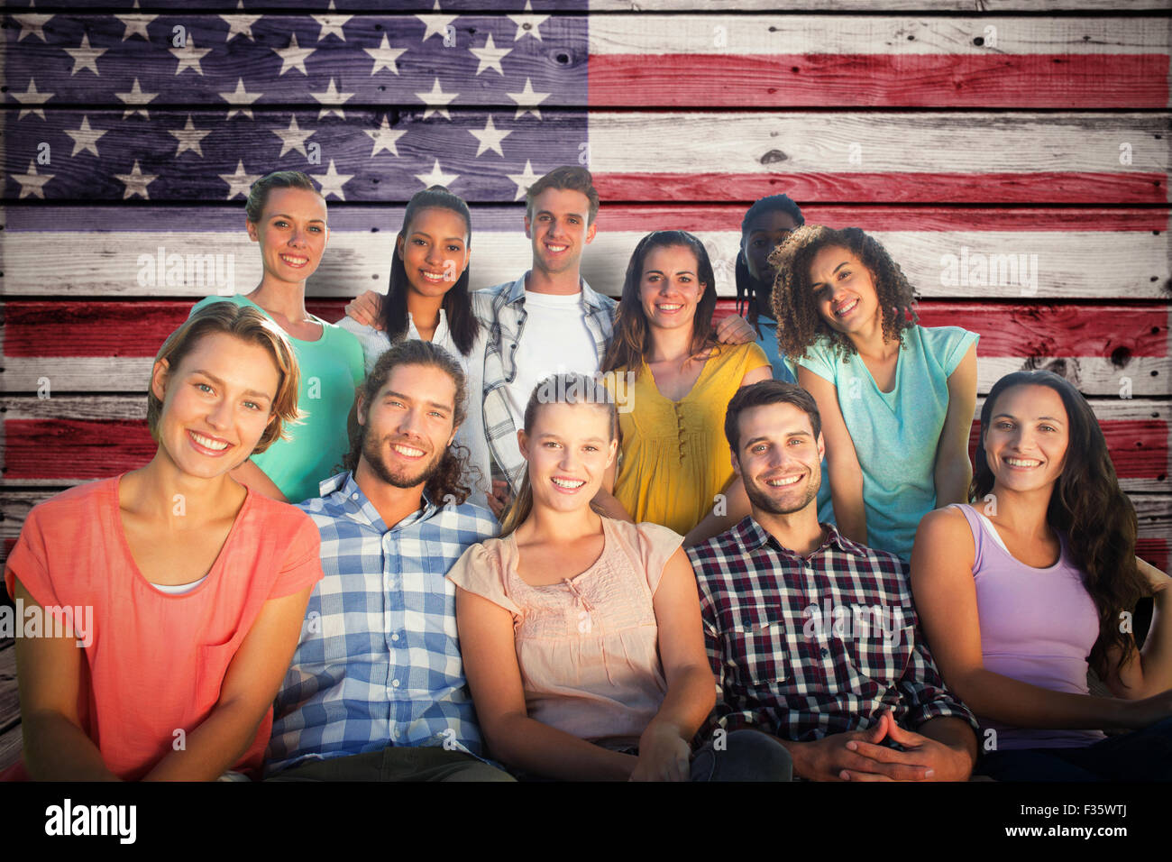 Composite image of friends smiling at camera Stock Photo - Alamy