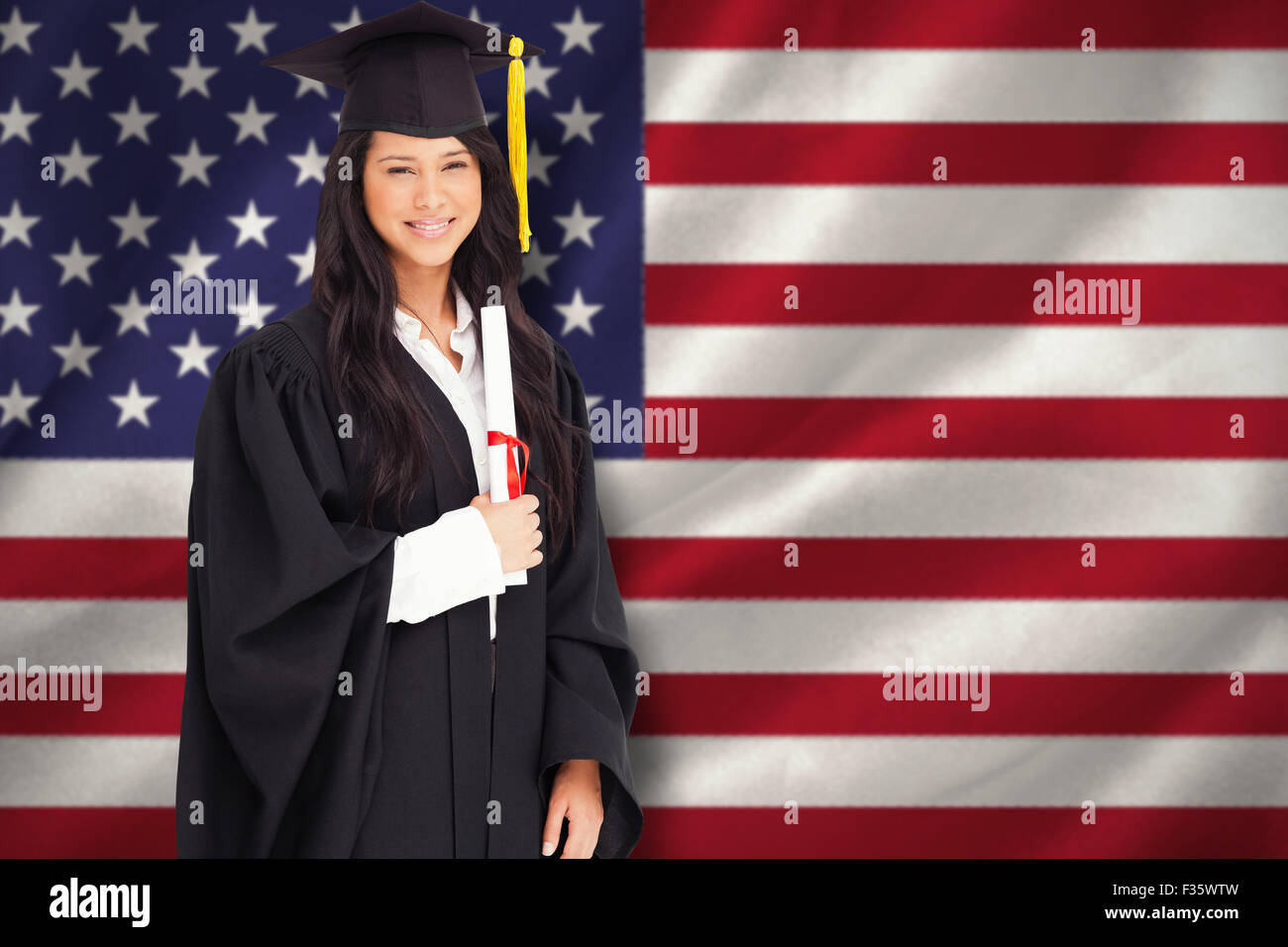 Composite image of a smiling woman holding her degree as she has ...
