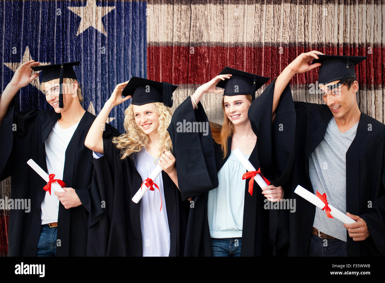 Composite image of group of teenagers celebrating after graduation ...