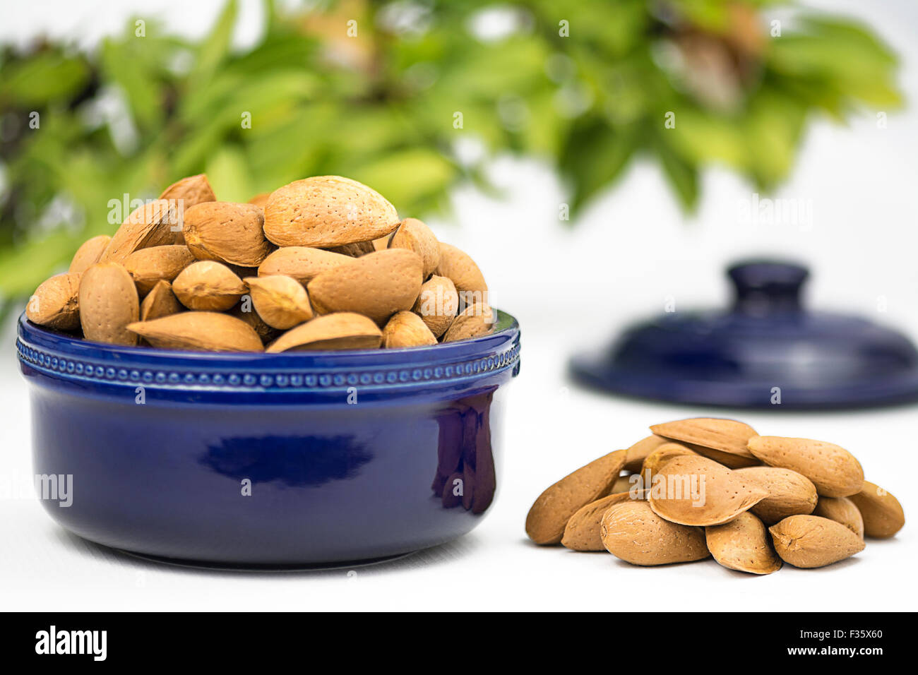 Organic shelled almonds, selective view of almonds and greenery, using ...