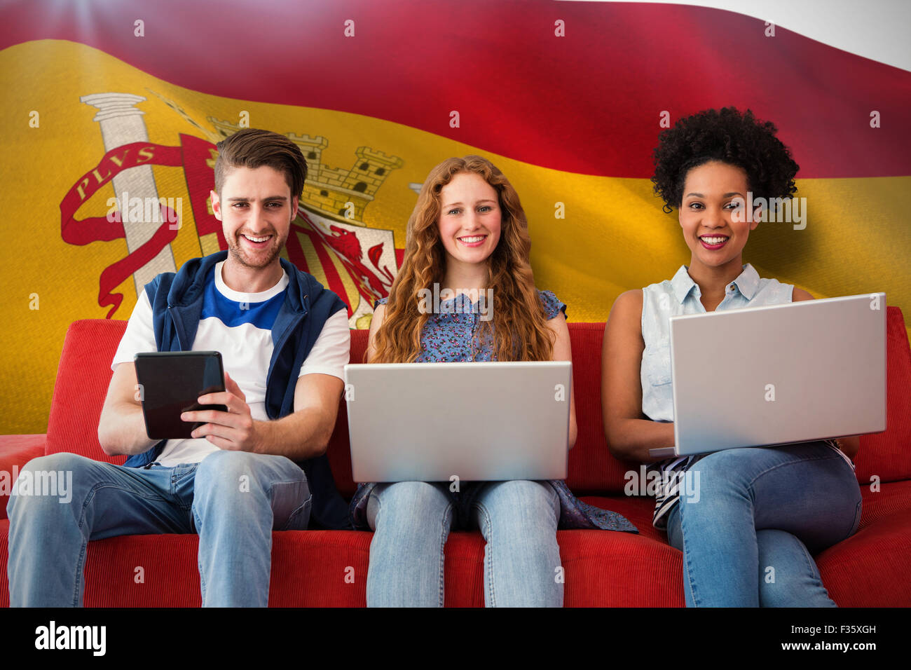 Composite image of young adults using electronic devices on couch Stock ...
