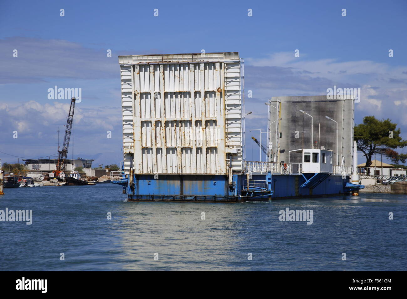 Approaching the floating bridge on the Lefkas Canal, Lefkas, Greece ...