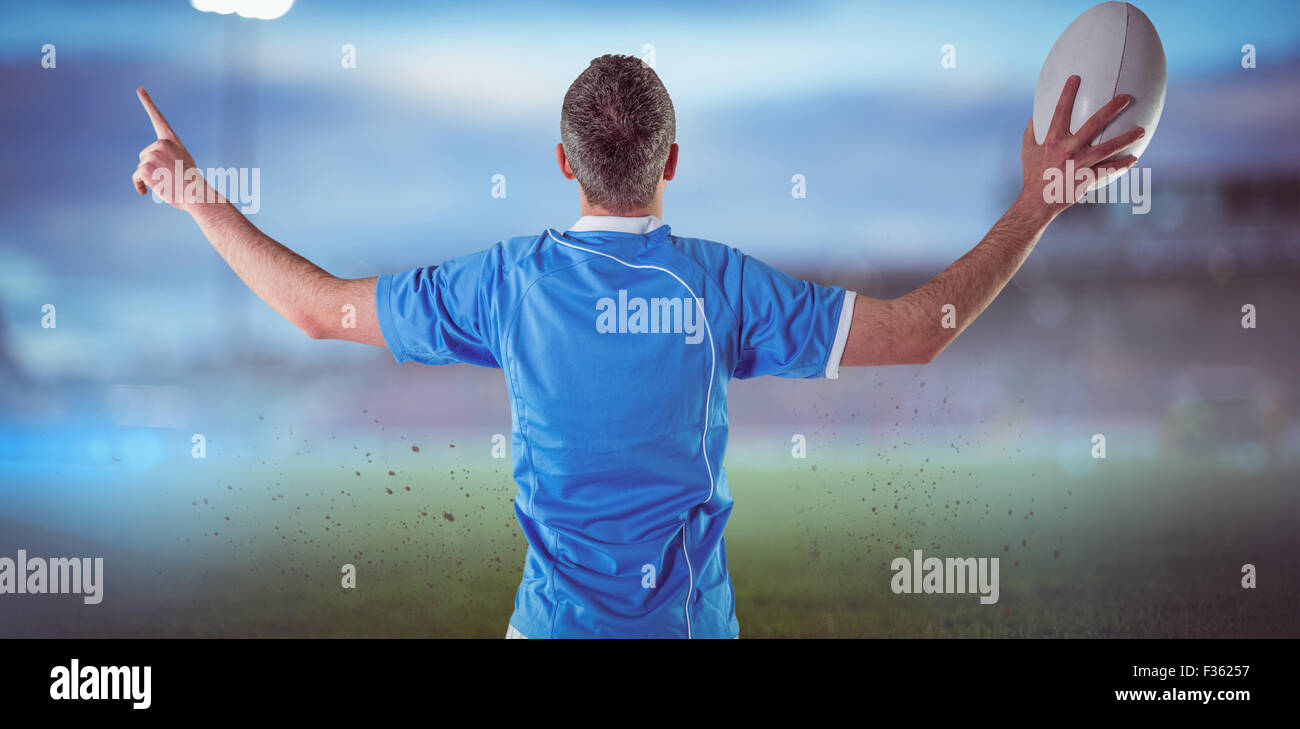 Composite image of rugby player gesturing with hands Stock Photo - Alamy