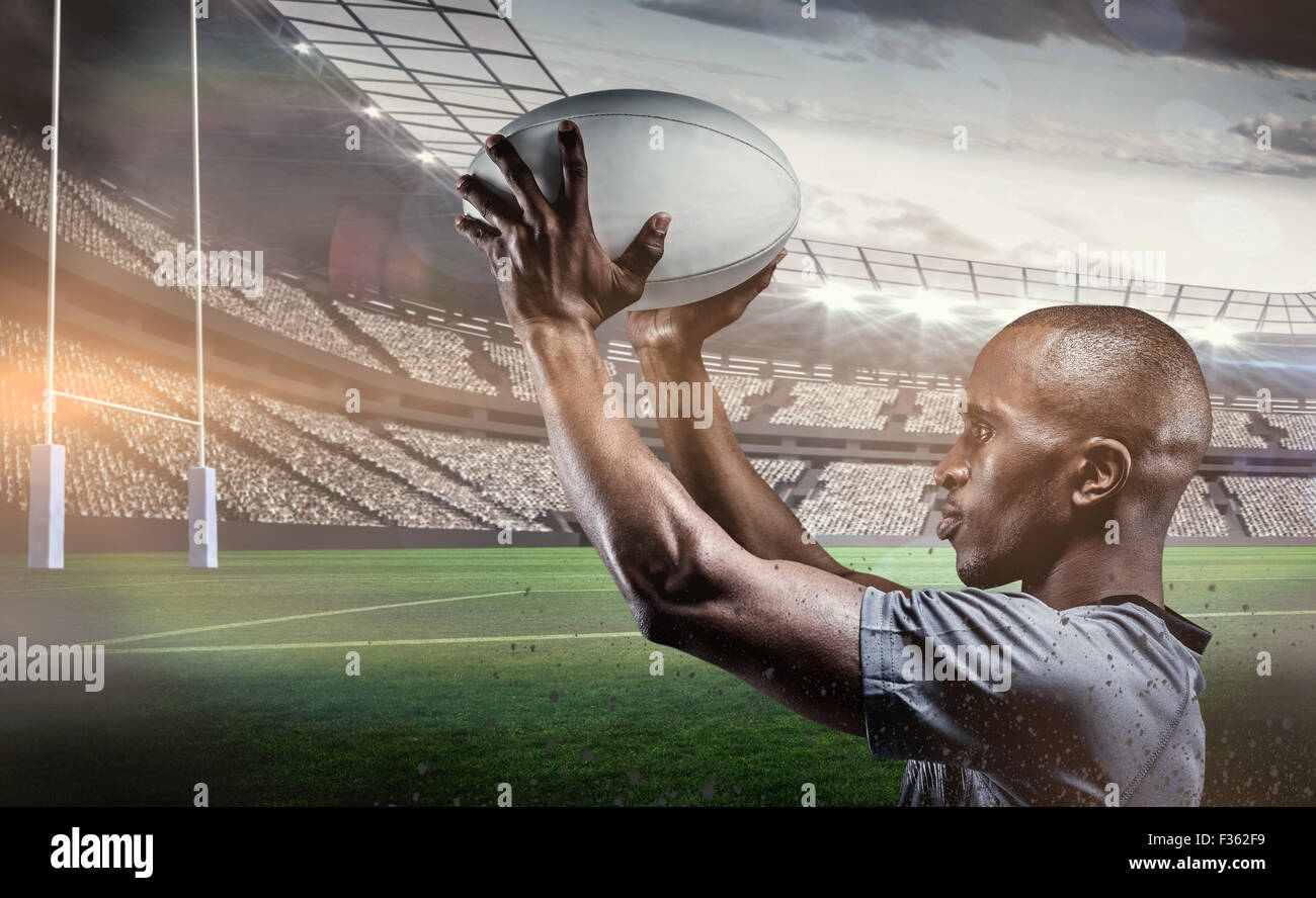 Composite image of athlete in position of throwing rugby ball Stock ...