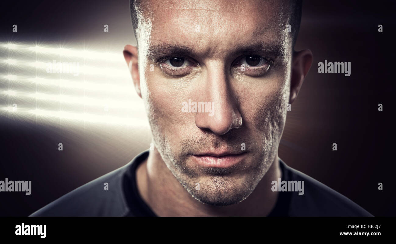 Composite image of close-up portrait of serious rugby player Stock ...