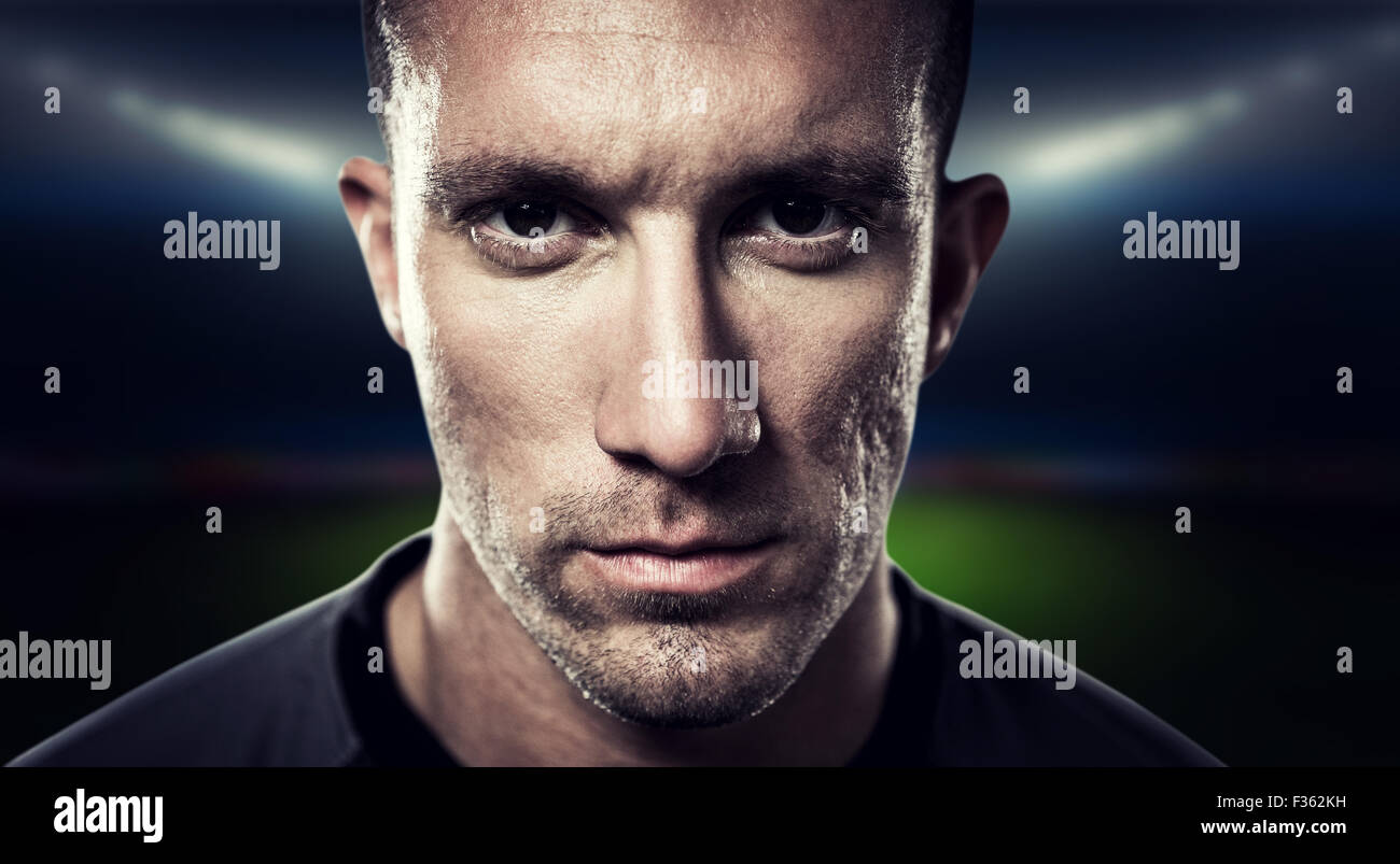 Composite image of close-up portrait of serious rugby player Stock ...