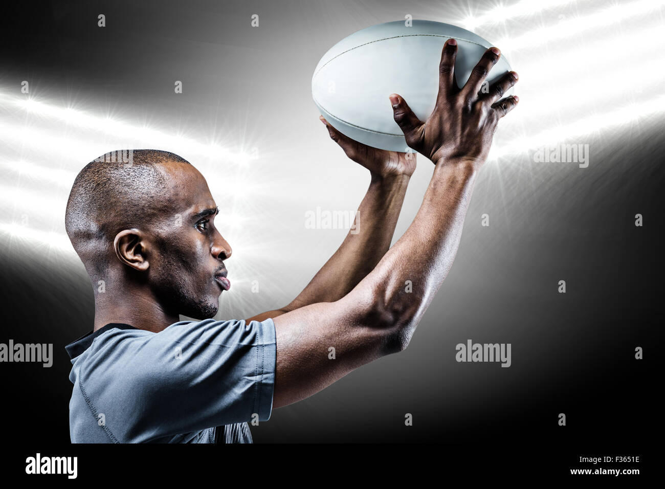 Composite image of athlete in position of throwing rugby ball Stock ...