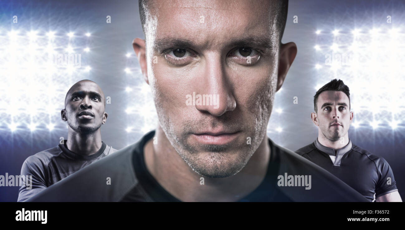 Composite image of close-up portrait of serious rugby player Stock ...
