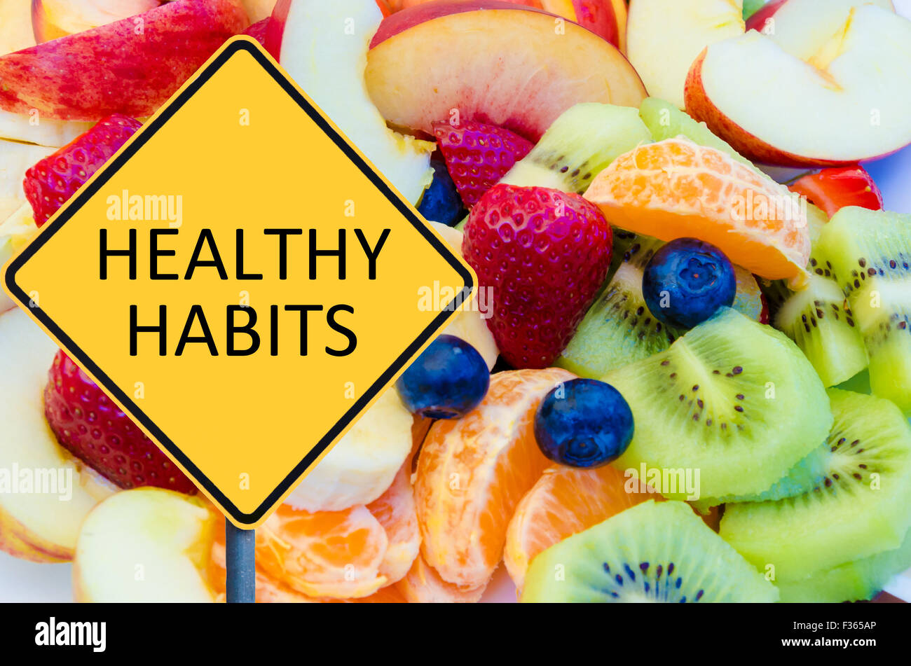 Yellow roadsign with message HEALTHY HABITS over background of healthy ...