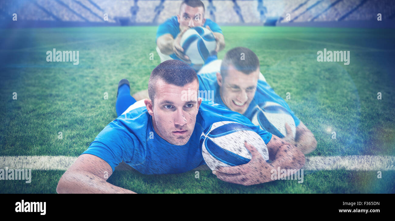 Composite image of rugby player looking away while lying in front with ...