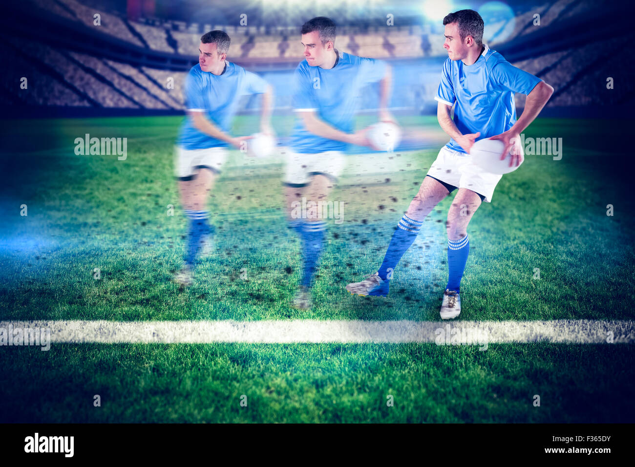 Composite image of rugby player doing a side pass Stock Photo - Alamy