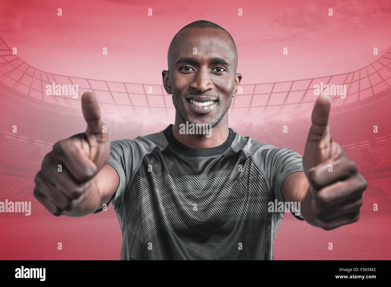 Composite image of portrait of confident athlete smiling and showing ...