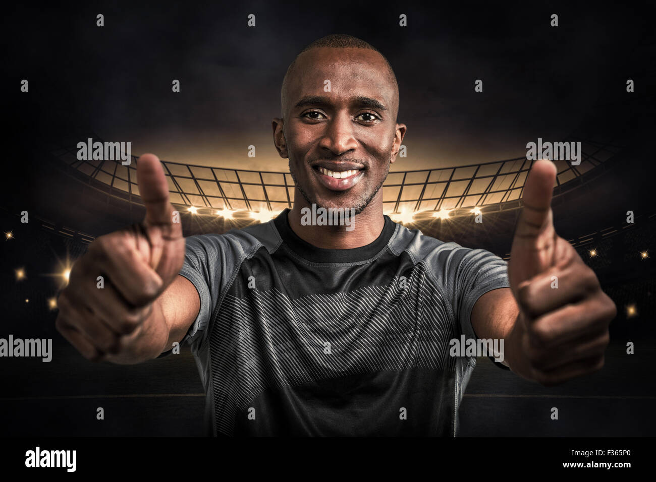 Composite image of portrait of confident athlete smiling and showing ...