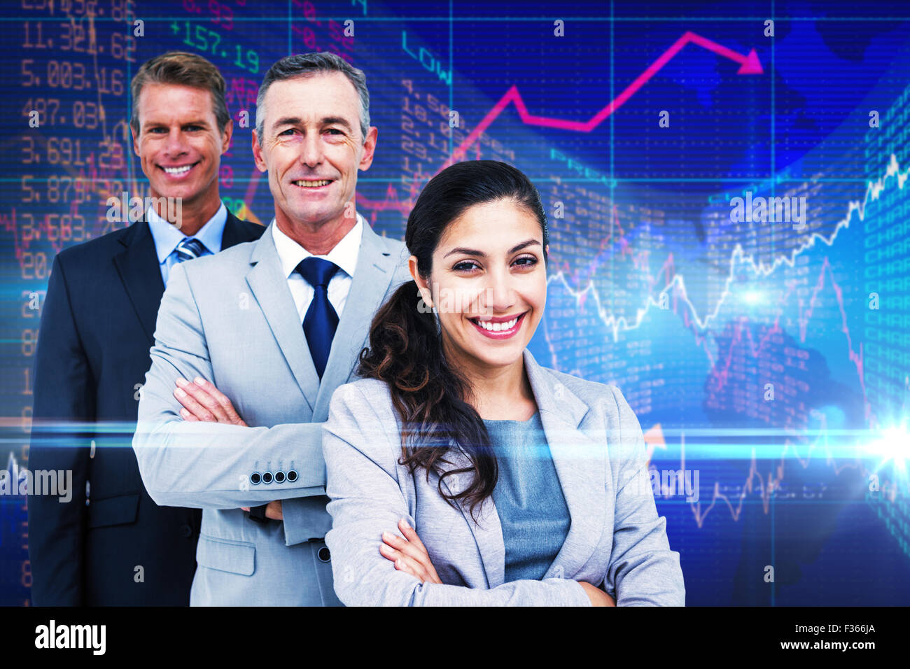 Composite image of happy business team standing in a line Stock Photo ...