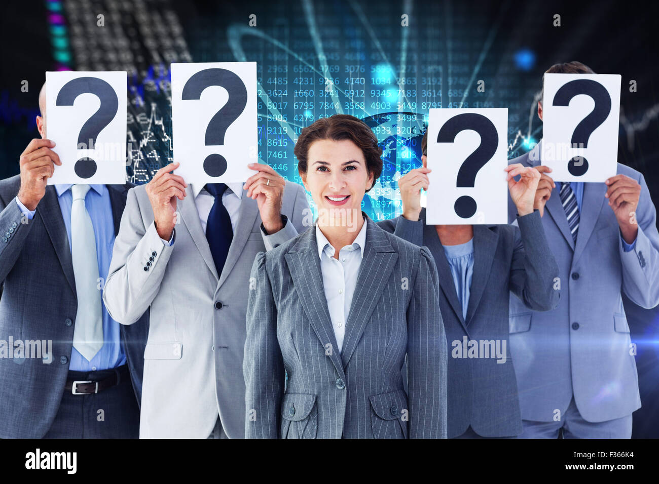 Composite image of business colleagues hiding their face with question ...