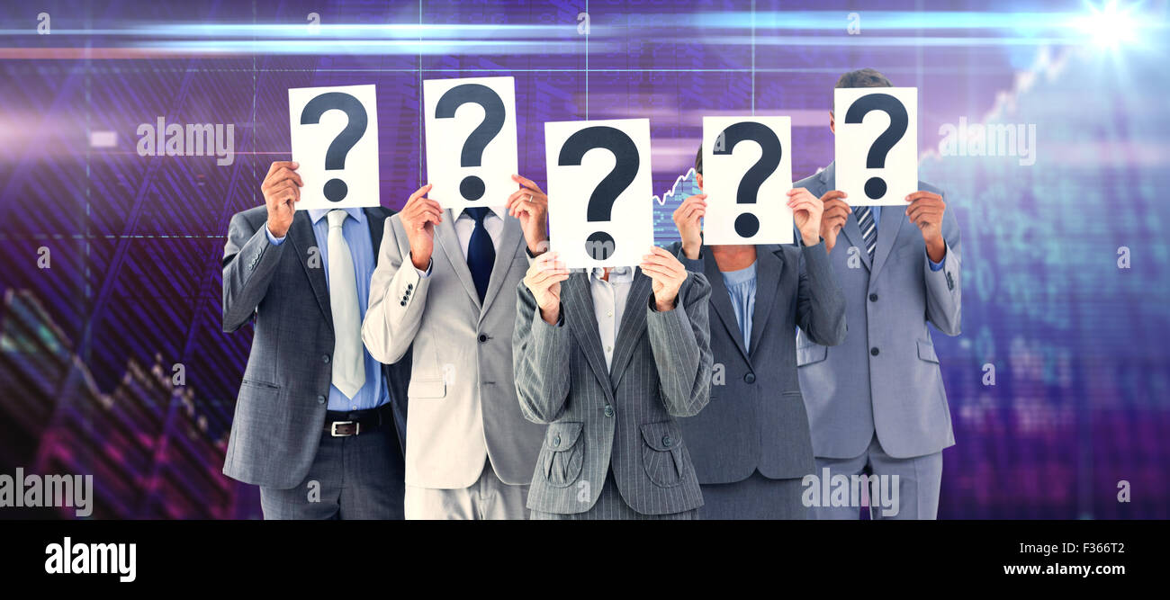 Composite image of business colleagues hiding their face with question ...