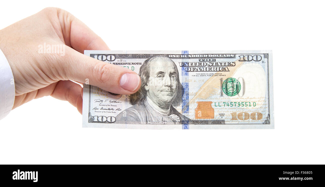 Hand holding single hundred dollar note. All on white background Stock ...