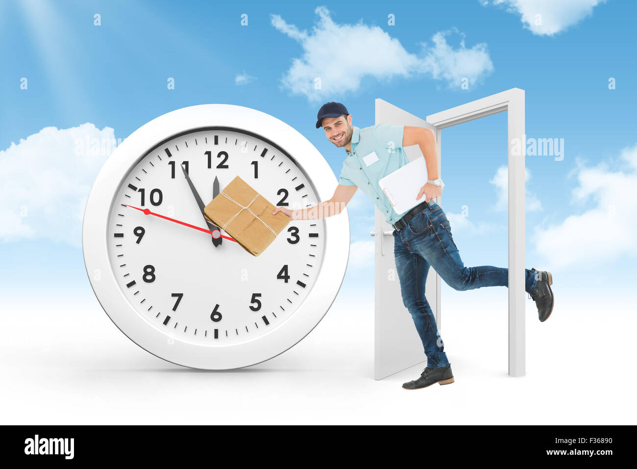 Composite image of happy delivery man running with package Stock Photo ...