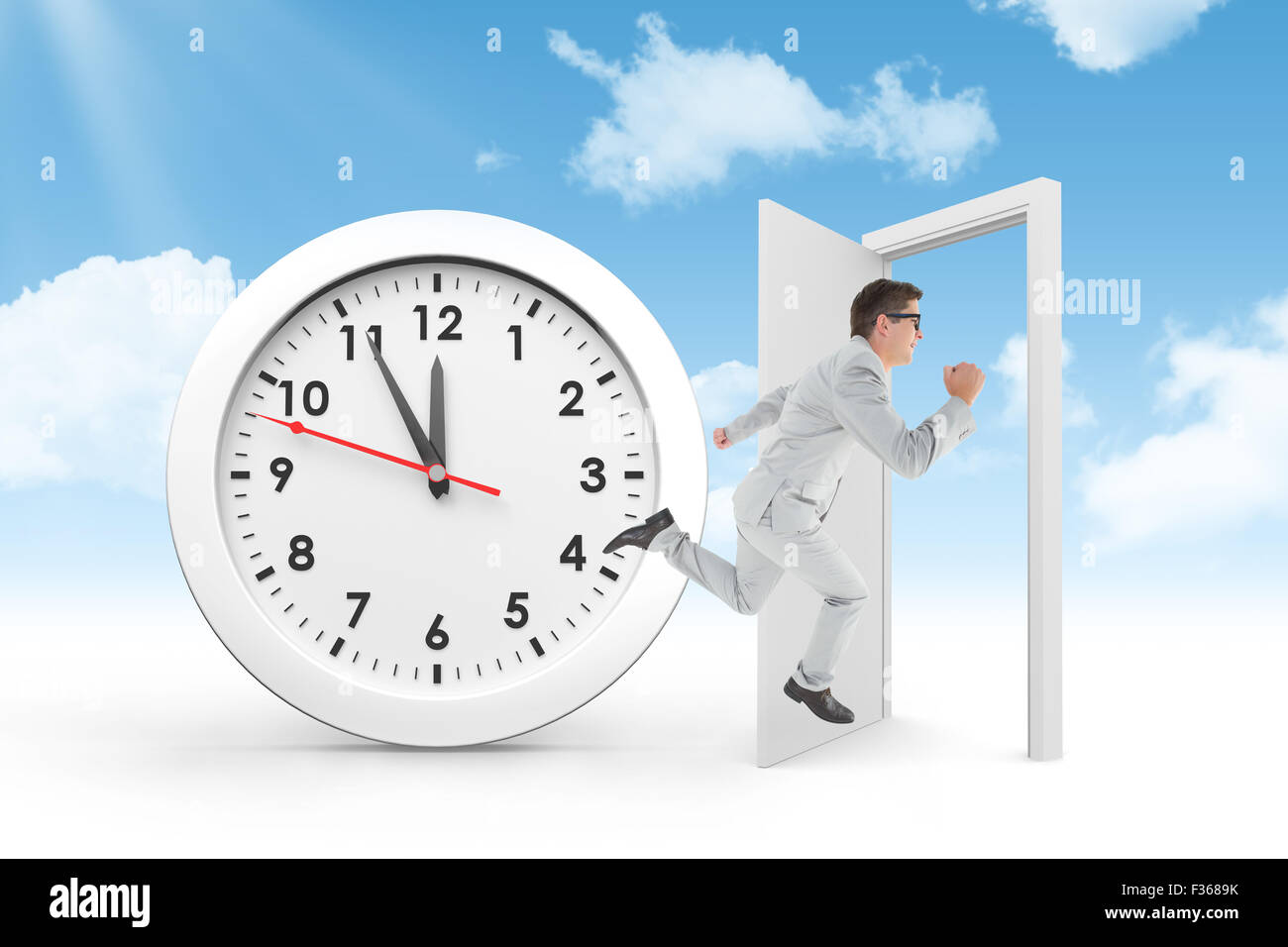 Composite image of geeky happy businessman running mid air Stock Photo ...