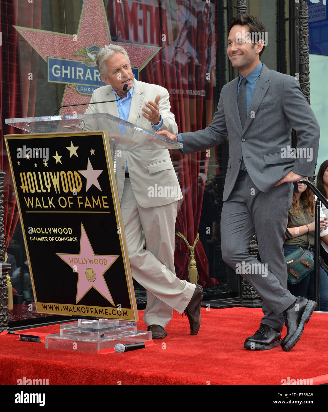 LOS ANGELES, CA - JULY 1, 2015: Actors Paul Rudd & Michael Douglas ...