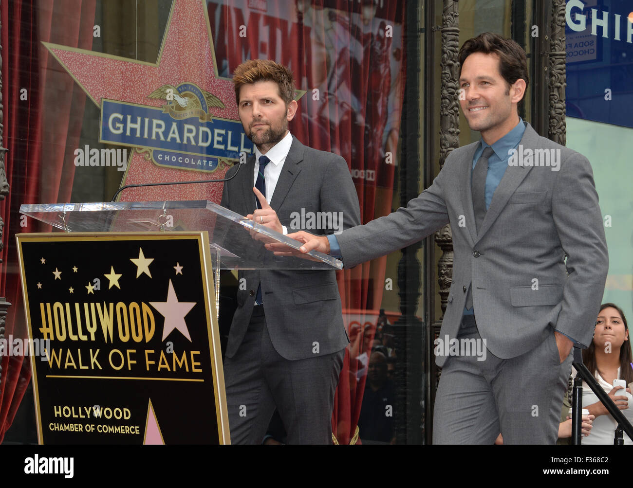 LOS ANGELES, CA - JULY 1, 2015: Actors Paul Rudd & Adam Scott (left) on ...