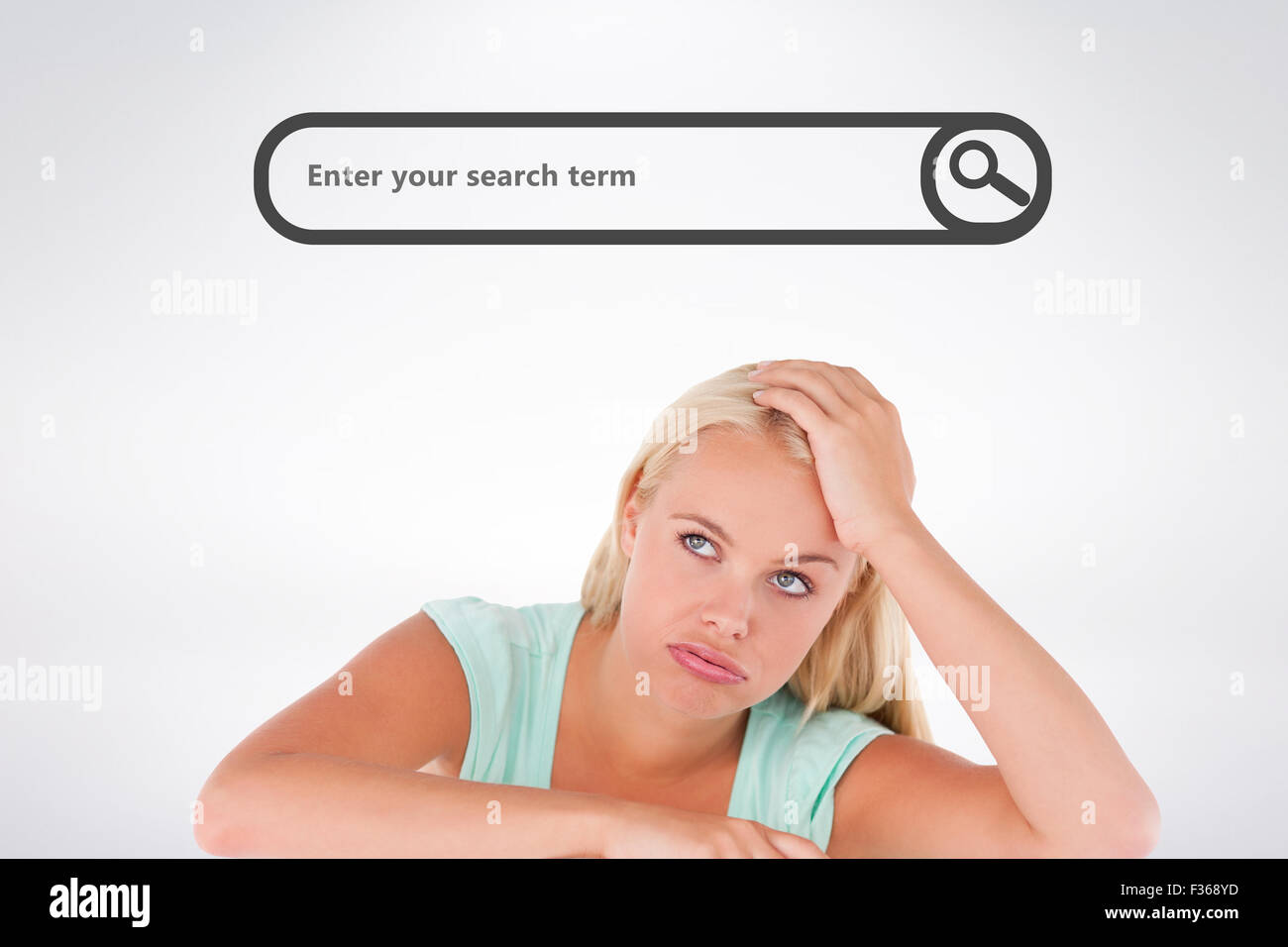 Composite image of close up of a sad woman standing behind a whiteboard ...