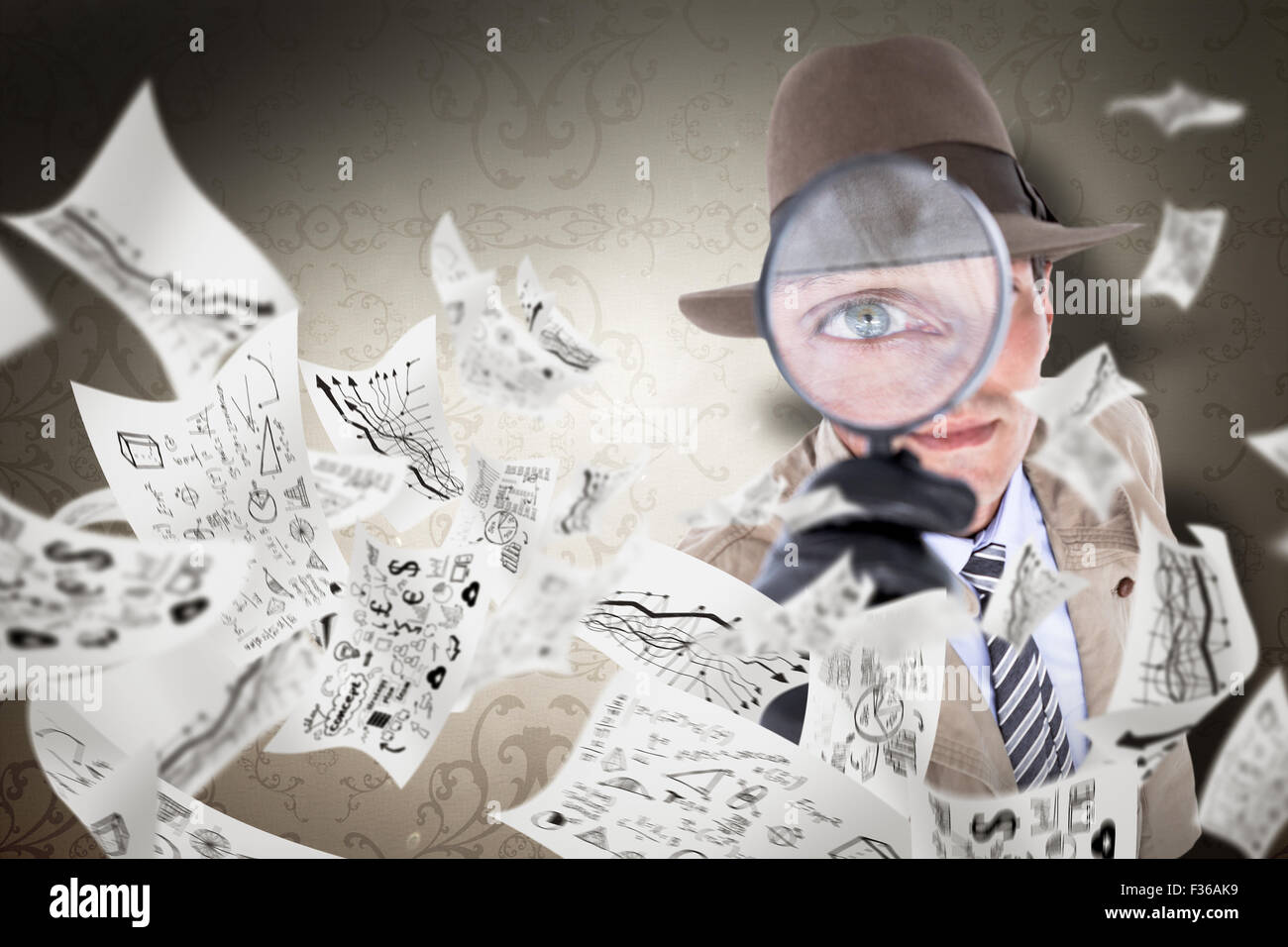 Composite image of spy looking through magnifier Stock Photo - Alamy