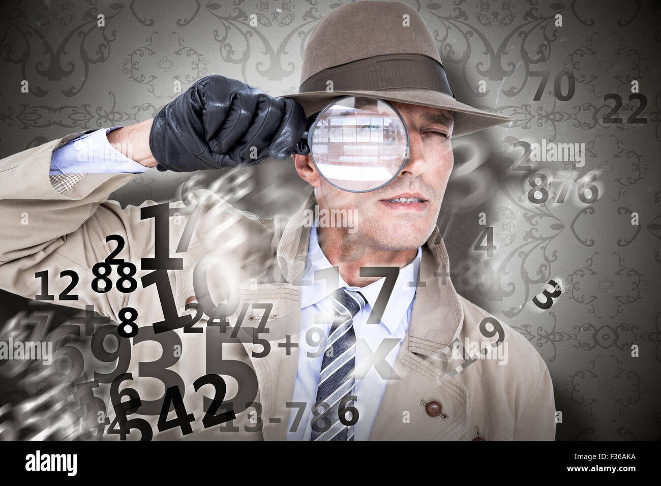 Composite image of spy looking through magnifier Stock Photo - Alamy