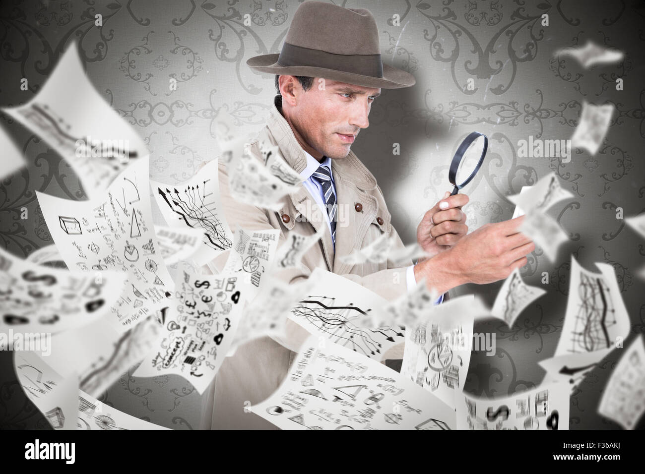 Composite image of spy looking through magnifier Stock Photo - Alamy