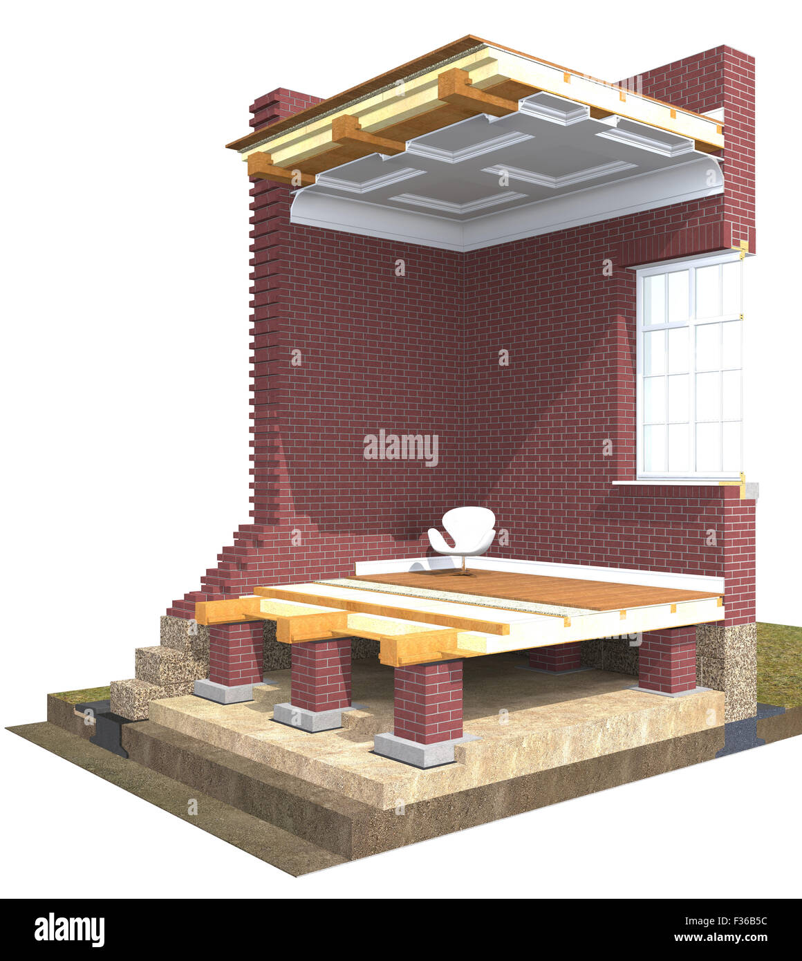 Cross section of brick house. 3D architectural visualization isolated ...