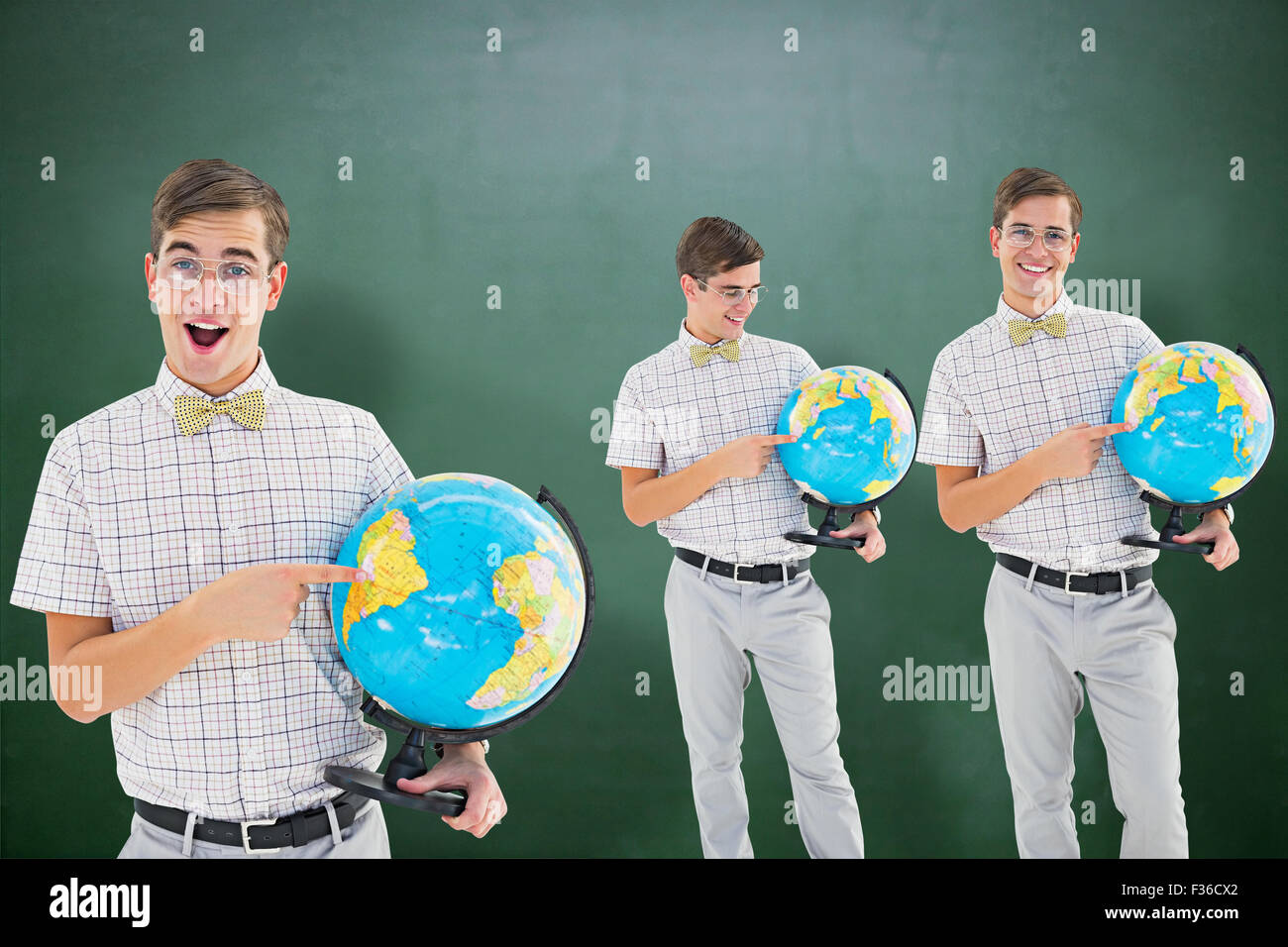 Composite image of nerd with globe Stock Photo - Alamy
