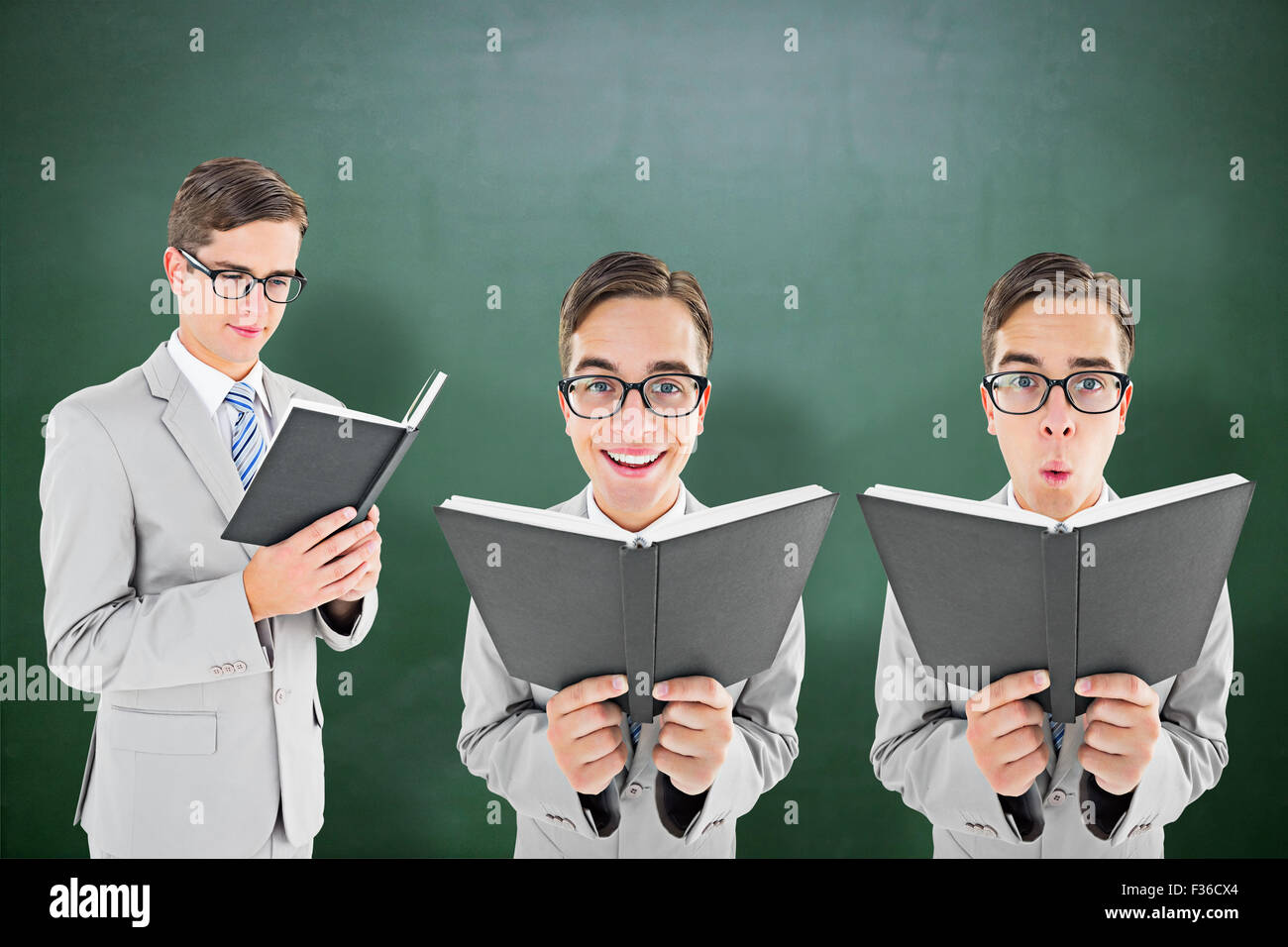 Composite image of nerd reading book Stock Photo - Alamy