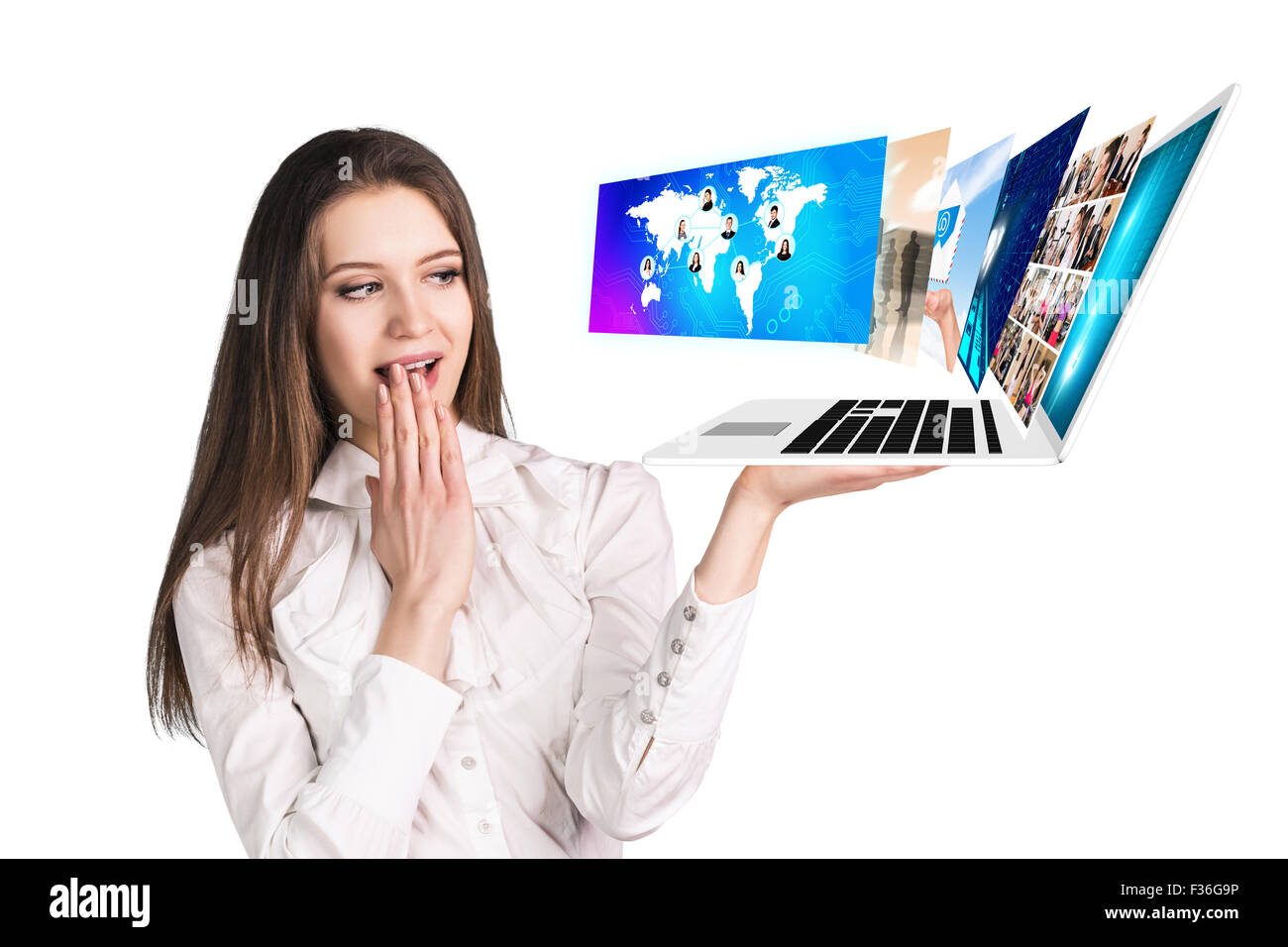 Young woman holds laptop Stock Photo - Alamy