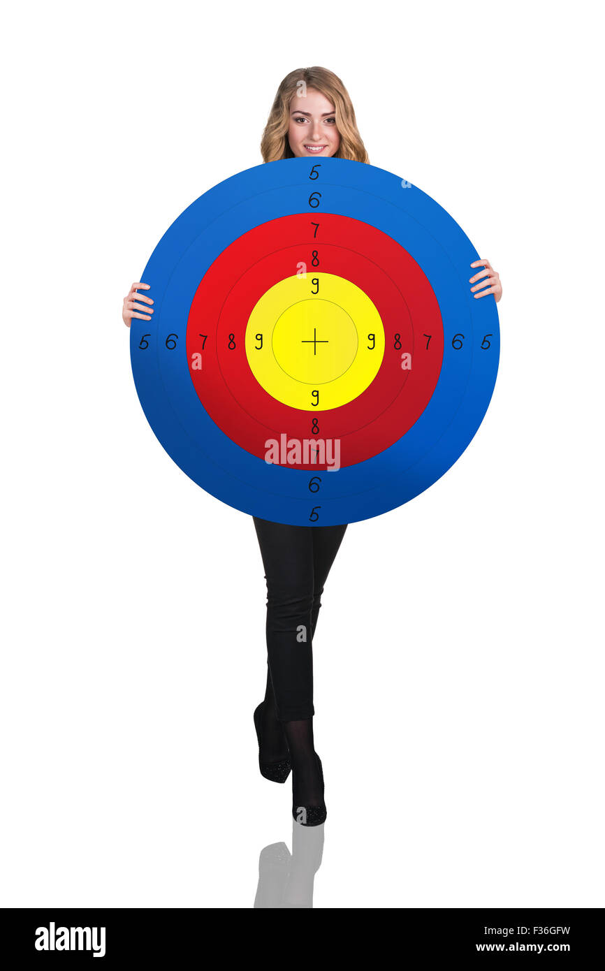 Business woman holding big target Stock Photo - Alamy