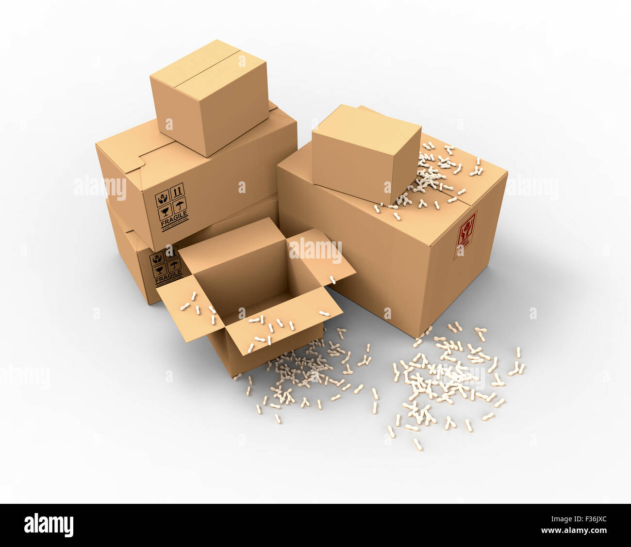 Multiple brown cardboard packing boxes in a variety of sizes stacked on ...