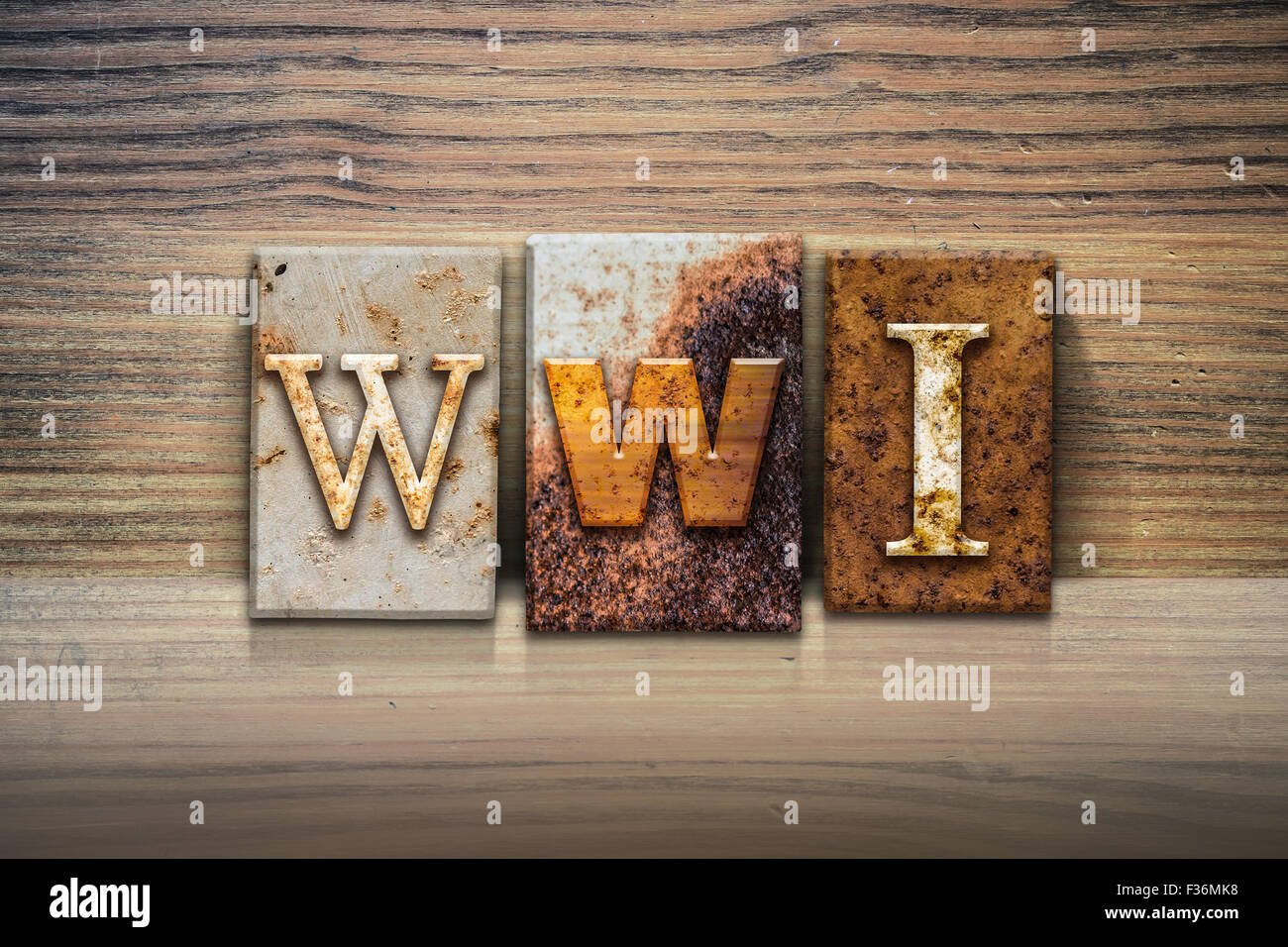 The word "WWI" written in rusty metal letterpress type sitting on a ...
