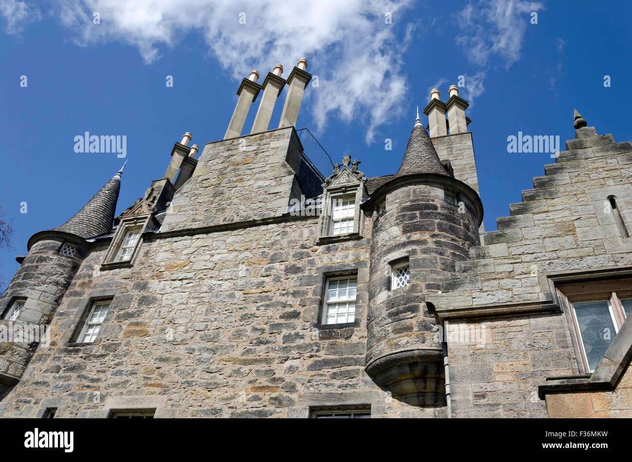 Part of Lauriston Castle in Edinburgh, Scotland showing turrets and a ...